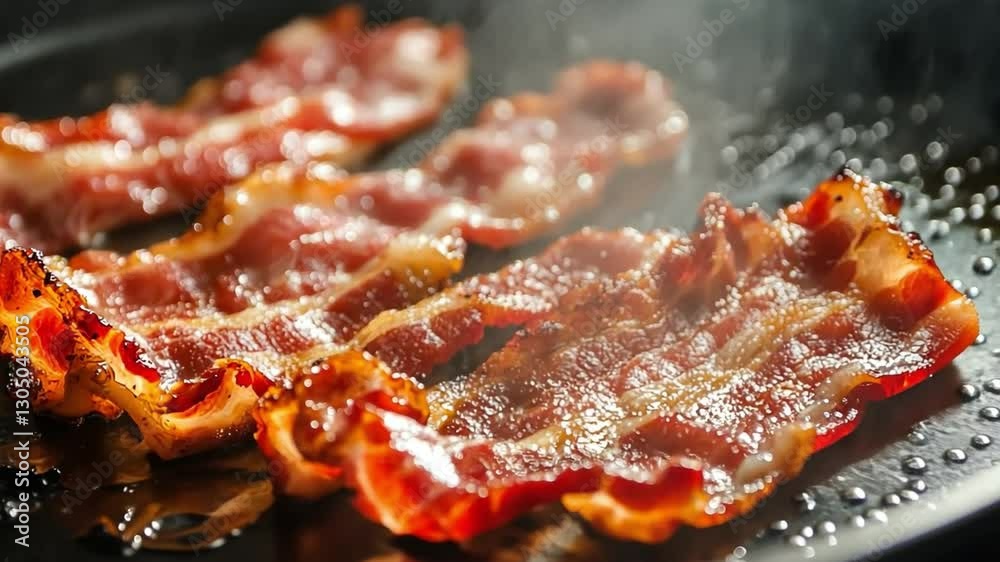 Sizzling Bacon: Crispy strips of bacon cooking in a pan, the rich aroma ...