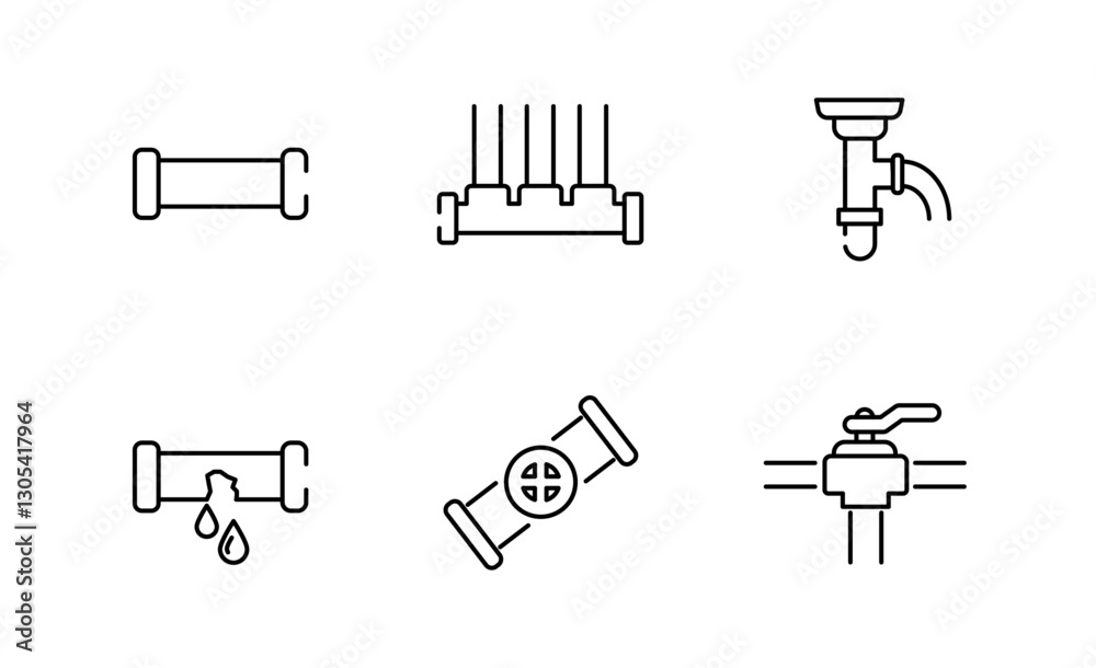Poster Set of Pipe Icon, Fittings, Sewage and Drainage Symbol Outline ...