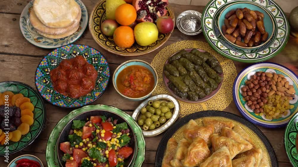 Ramadan Eid Muslim feast table with biryani, kebabs, stuffed grape ...
