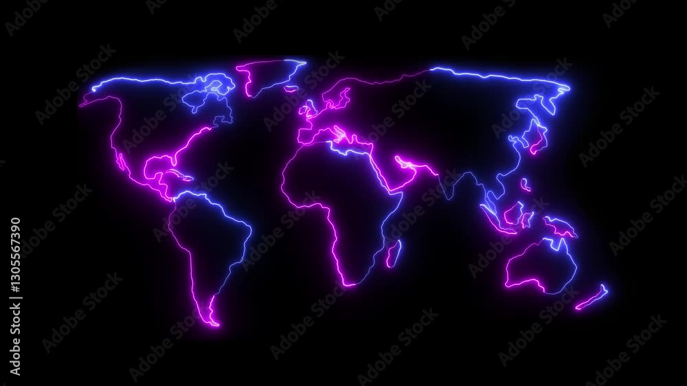 Digital Technology World Map Animation. Glowing Connections in Global ...
