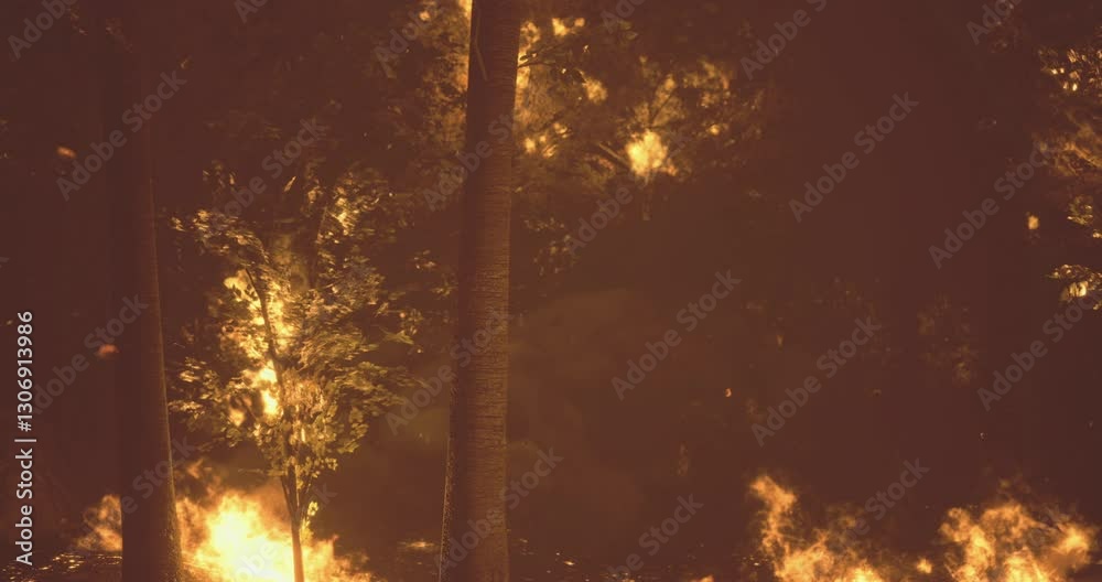 A forest fire engulfs trees in a wooded area, producing fierce flames ...