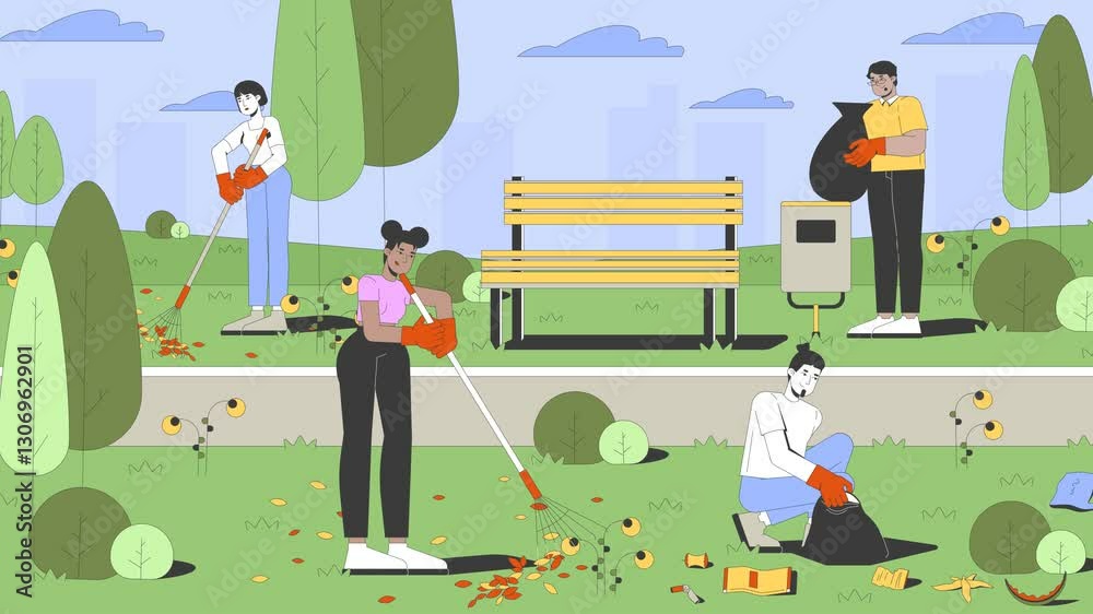 Public park cleanup volunteers 2D cartoon animation. Community service ...