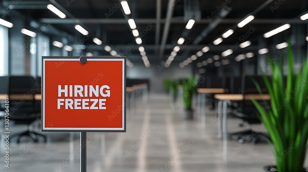 A sign indicating a hiring freeze is prominently displayed in a modern ...