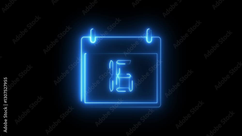Neon calendar animation of the 16th day of the month on a black ...