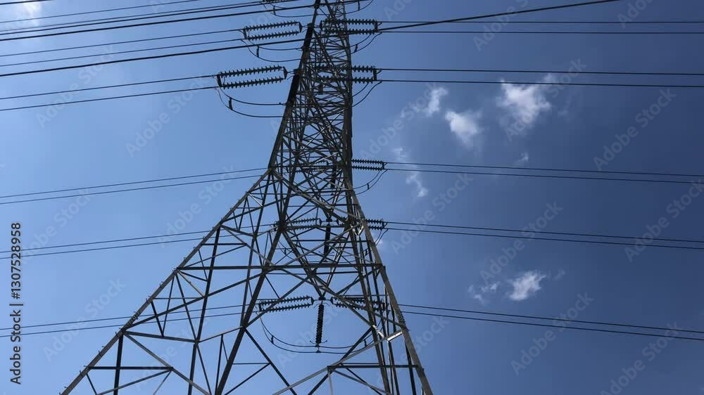 Close up bottom view electricity overhead power lines on blue sky in ...