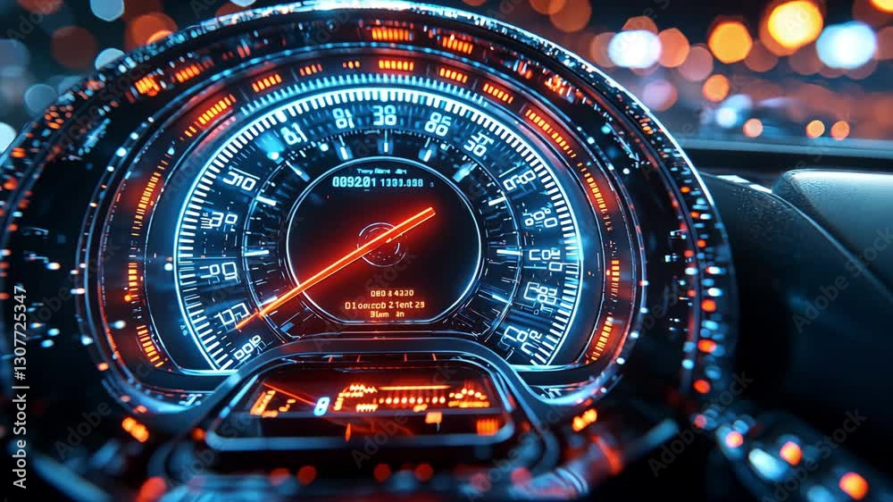 Close-up Dashboard in the Car at Night. Car Acceleration to Maximum ...