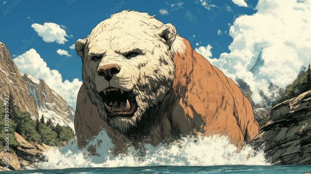 Poster A colossal, snarling polar bear emerges from a mountain river ...