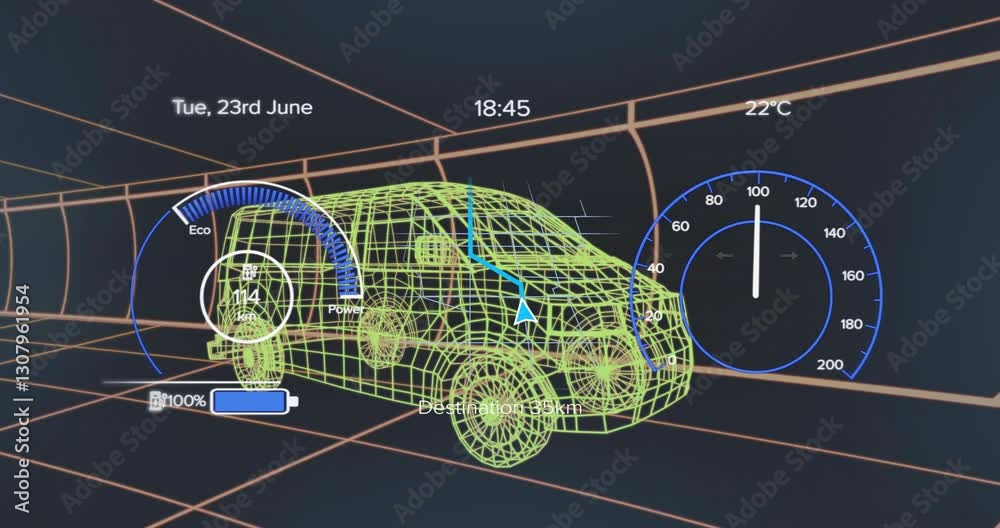 Car dashboard animation displaying speed, temperature, and navigation ...