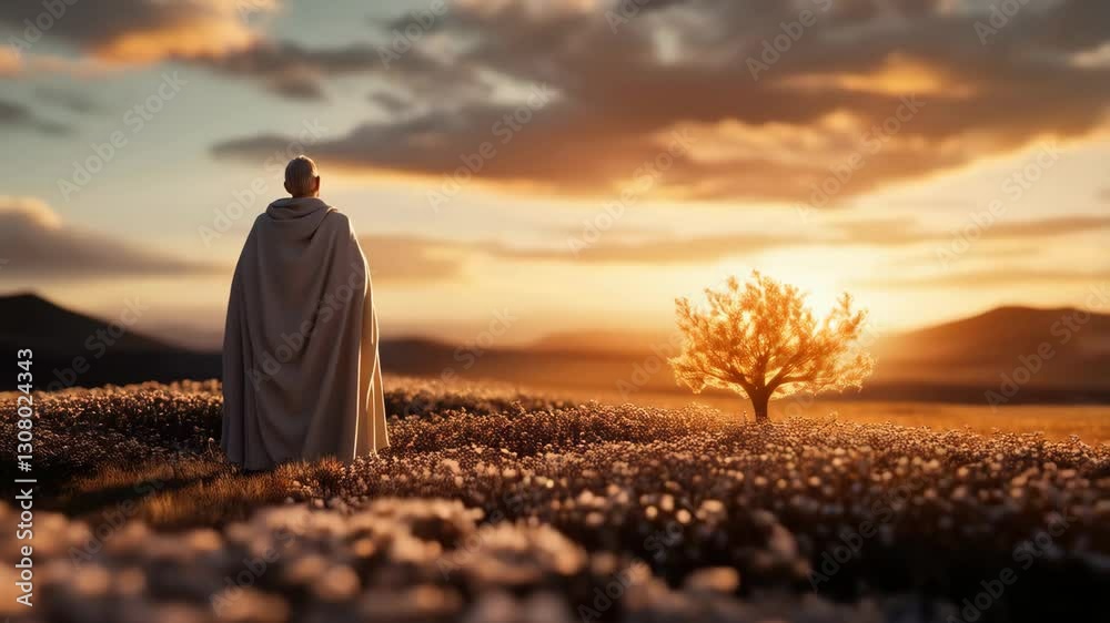 Moses and burning bush in dramatic biblical scene. Moses encountering ...