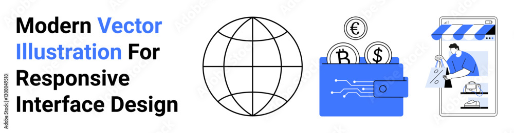 Poster Globe representing connectivity, digital wallet with coins, and ...