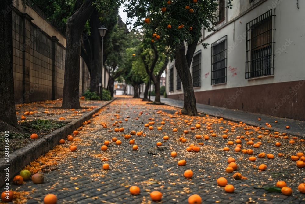 Poster Oranges are scattered across the ground like confetti in a ...
