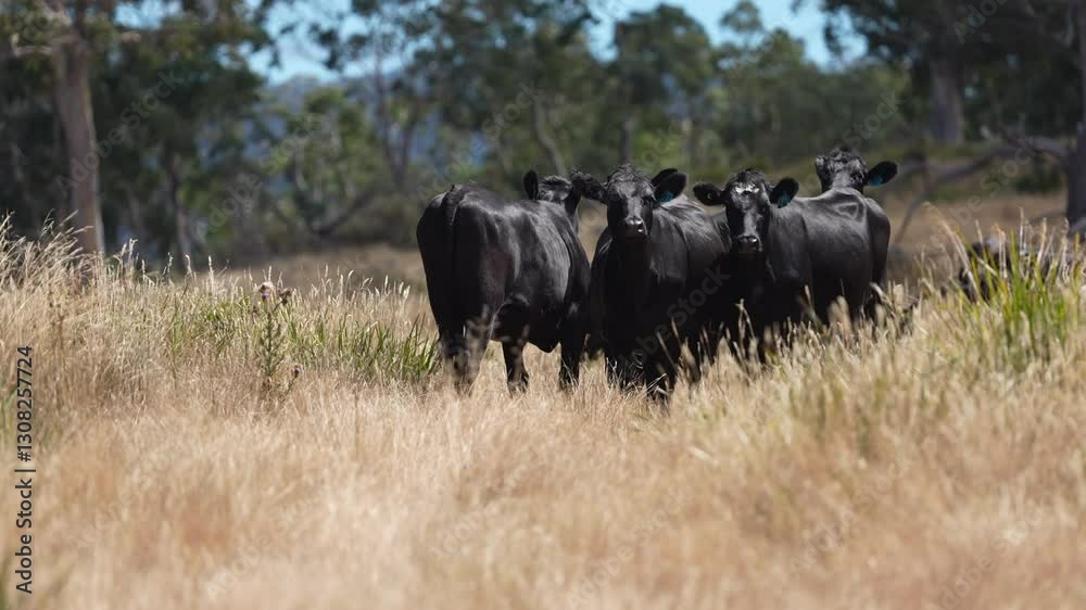 Beef cows and calves grazing on grass on a beef cattle farm in ...