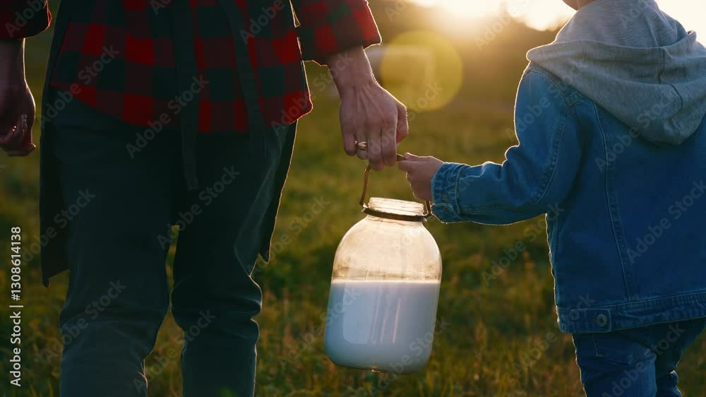 Farmer family in countryside, mother and son carrying milk canister ...