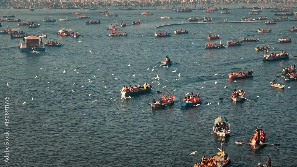 Beautiful landscape view of Triveni Sangam of Ganga, Yamuna, and ...