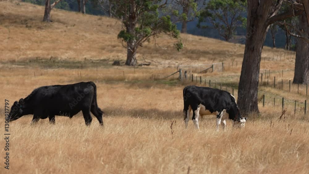 Beef cows and calves grazing on grass on a beef cattle farm in ...