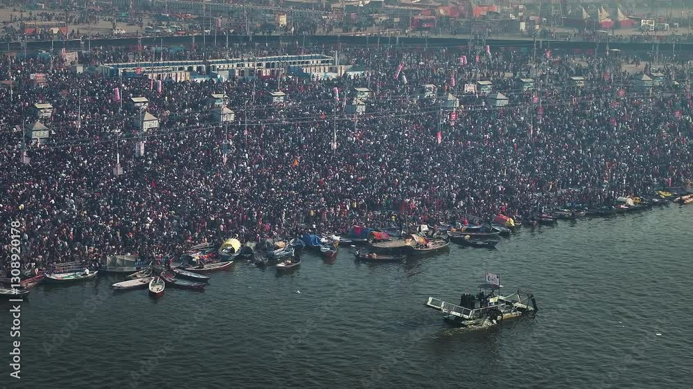 Aerial view of Huge crowd at Triveni Sangam in Prayagraj, India during ...