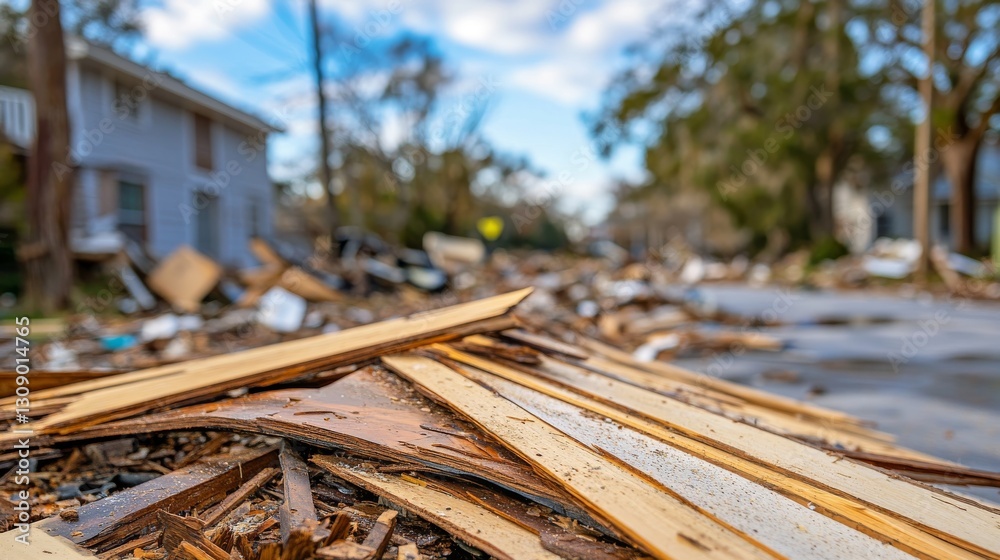 Poster A close-up of wooden debris strewn across a suburban street in ...