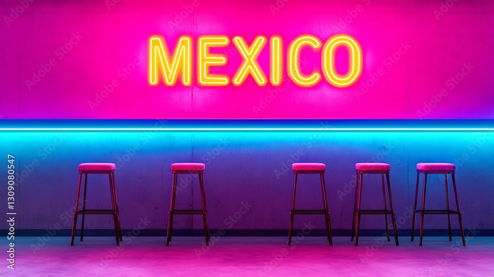 A vibrant bar scene featuring neon "MEXICO" signage and colorful ...