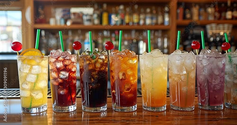 Ten Colorful Cocktails In Highball Glasses On A Bar Countertop ...