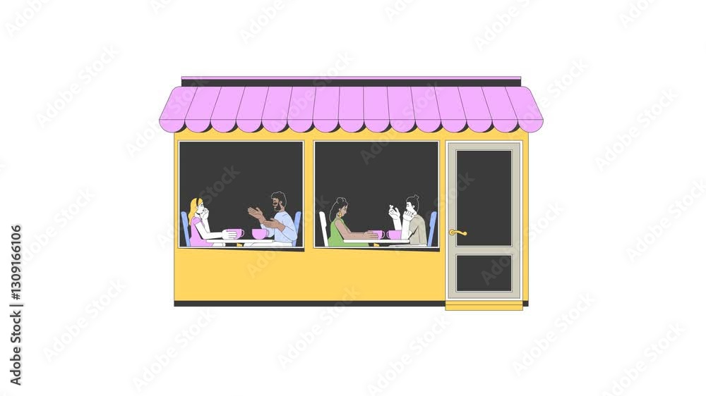 Awning cafe exterior showing customers sitting at tables inside 2D ...