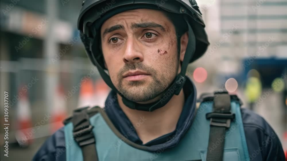 Worried military soldier wearing tactical vest and helmet, standing ...