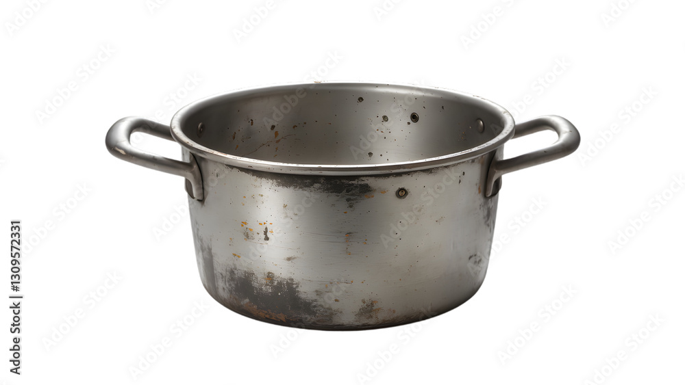 Poster A scratched and dented steel cooking pot on a transparent ...
