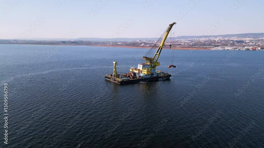 A floating crane barge with a large yellow crane operates on calm ...