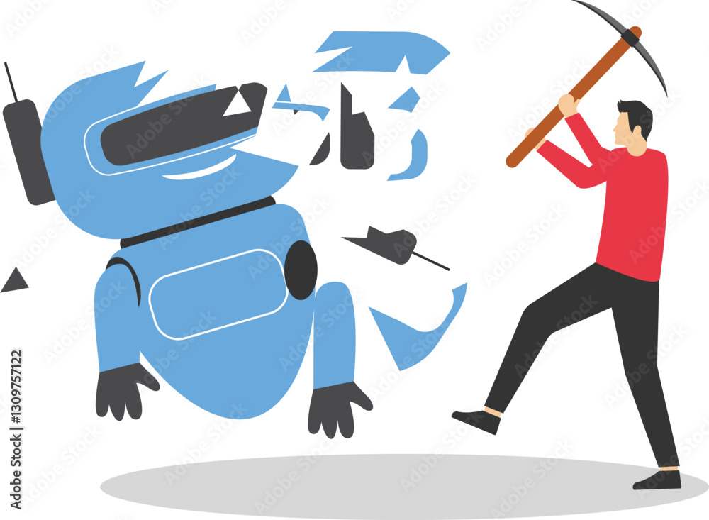 Poster Businessman uses sledgehammer and breaks hitting robot with ...