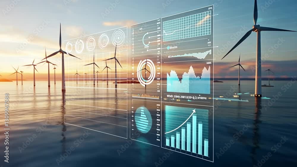 Offshore Wind Farm Visualization with Data Overlays and Clean Energy Technology Stock 비디오 ...