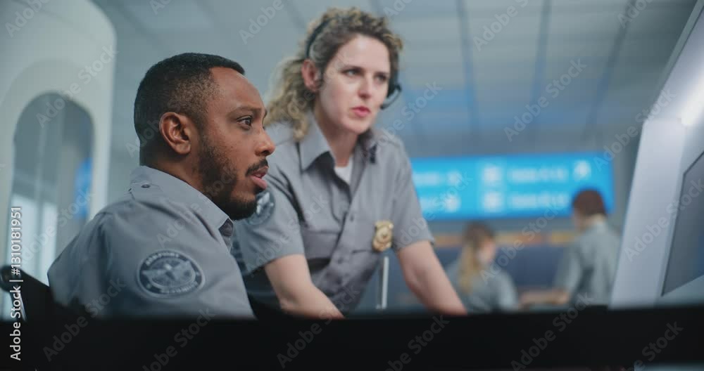 Airport Security Checkpoint: Two Diverse TSA Workers Monitoring X-ray ...