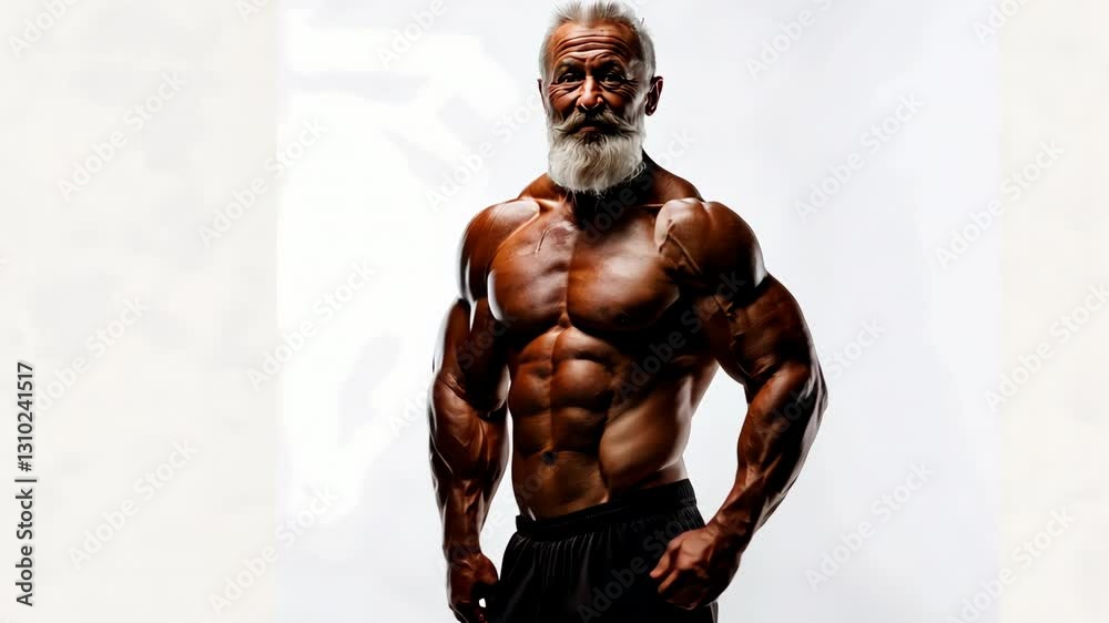 Elderly muscular man with white beard walking on white background ...