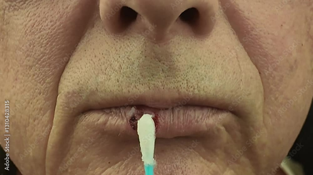 Lubrication of the cold sore with a cotton swab. Oral herpes on the lip ...
