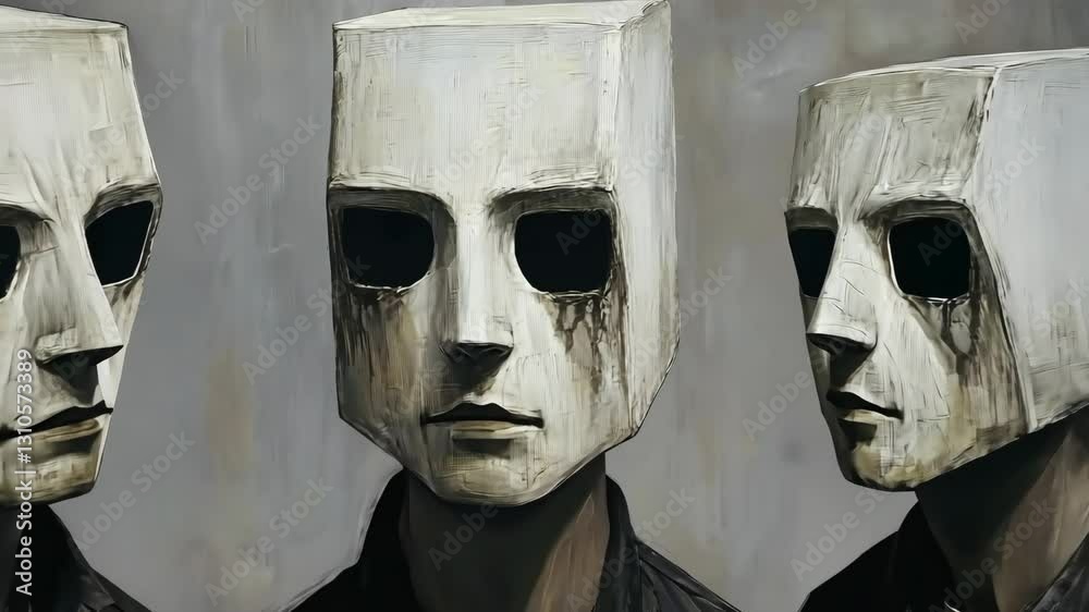 Unique art piece showcasing three faceless figures wearing white masks ...