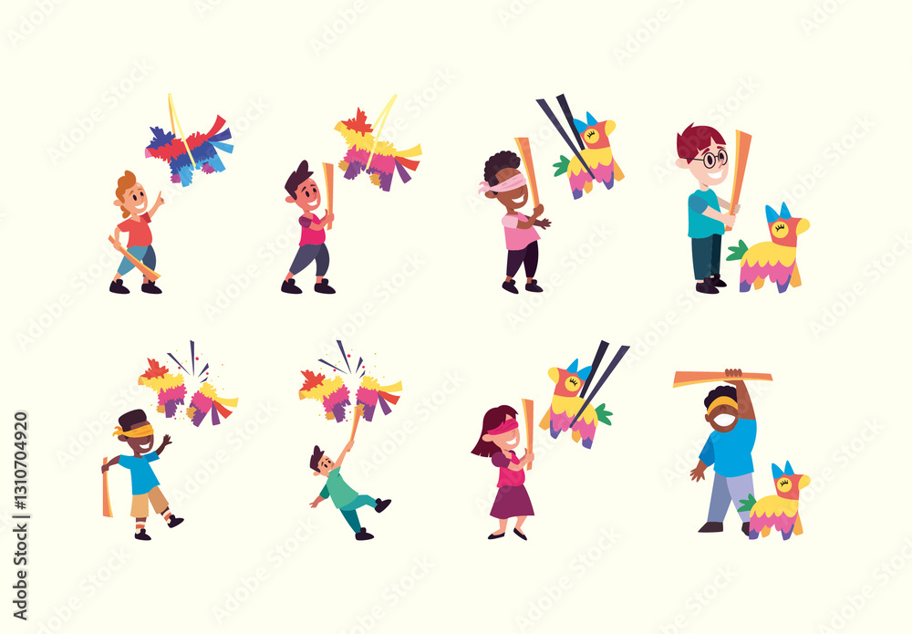 Colorful Kids Breaking Pinata Party Illustration Set Stock Template ...