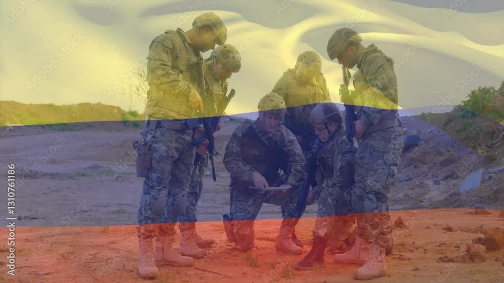 Examining map with Russian flag overlay, soldiers in tactical gear ...