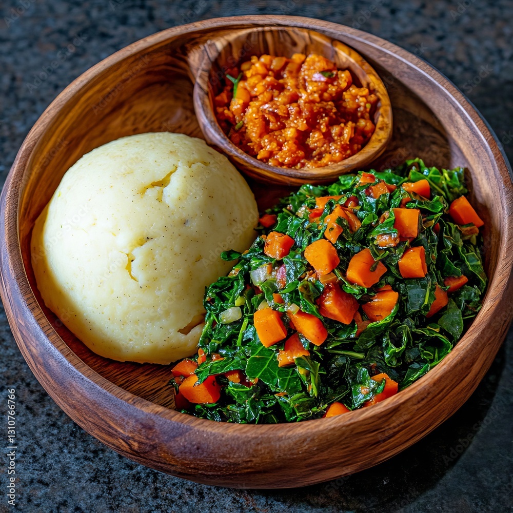 Poster A vibrant plate of traditional African cuisine featuring green ...