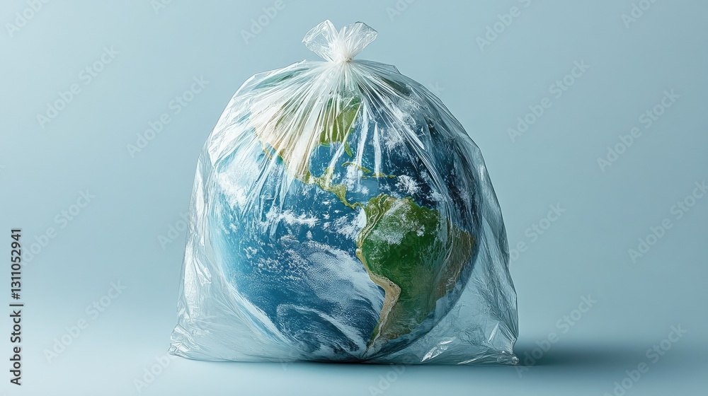 Poster Earth wrapped in a plastic bag filled with gas, symbolizing the ...