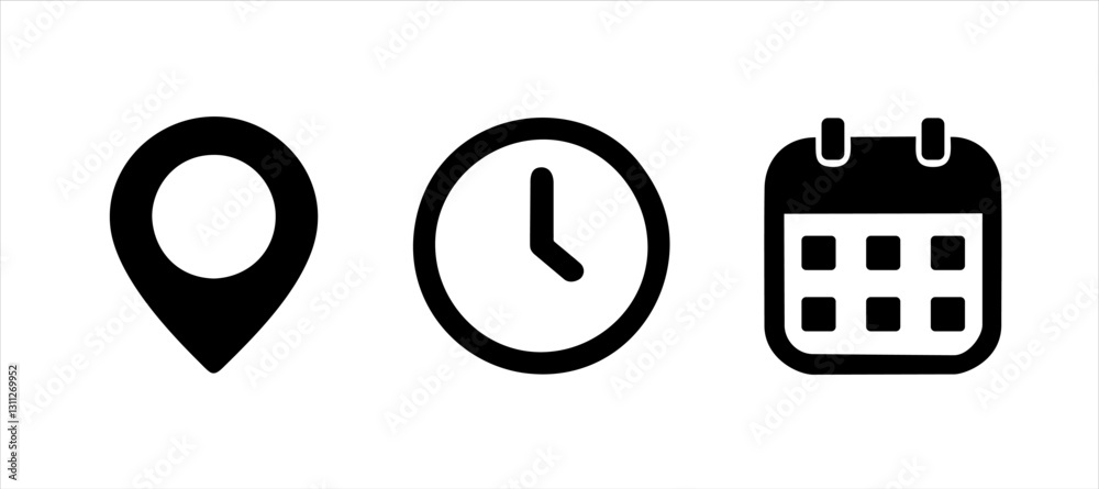 Calendar, Location pin, Clock icons. Event icon set. Address, time, date symbols vector Stock ...
