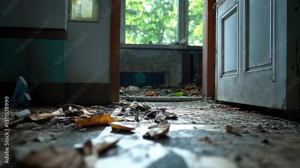 Decaying interior of an abandoned building, showcasing a floor strewn ...