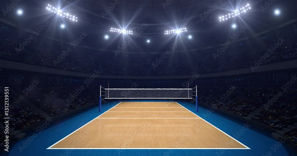 Spectacular volleyball wooden court ready for match in a sports hall ...