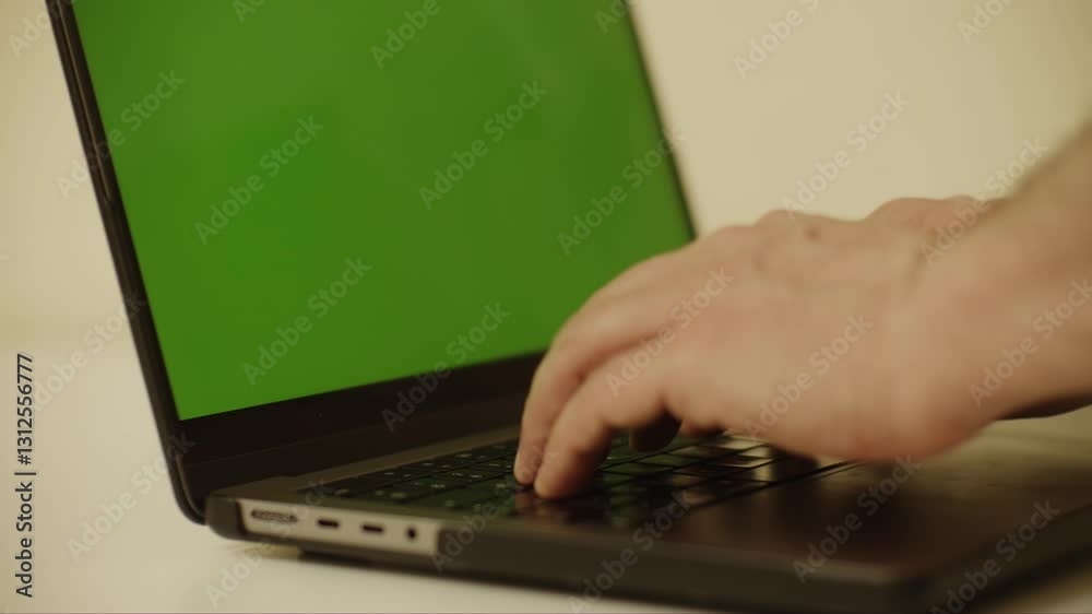 laptop,notebook, hand,keyboard typing,with green screen monitor,screen ...