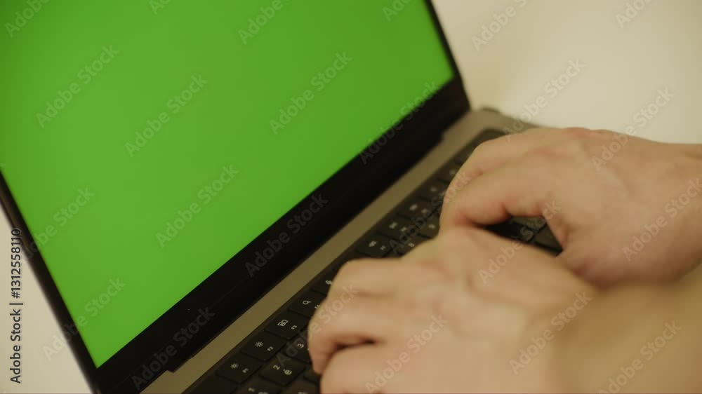 laptop,notebook, hand,keyboard typing,with green screen monitor,screen ...