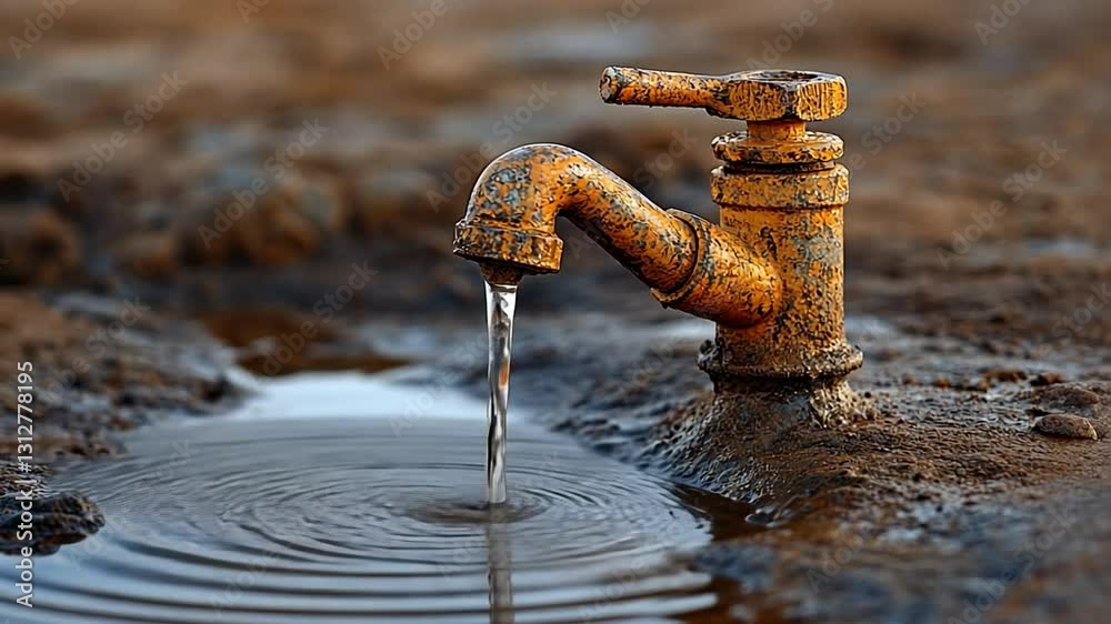 Water Conservation: An aged water tap, spewing a stream of water ...