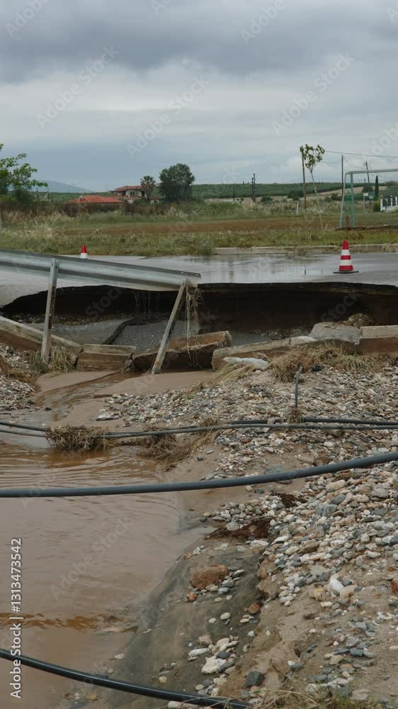 Destroyed country road due to washed out soil after devastating rains ...