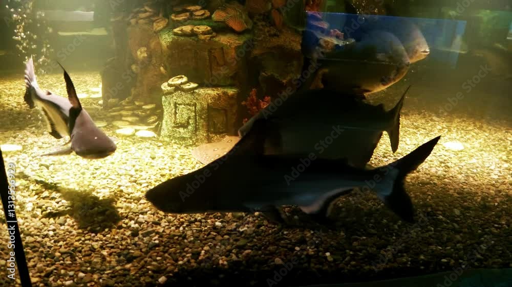 Gold-colored fish in the aquarium, black pacu and leopard catfish in ...
