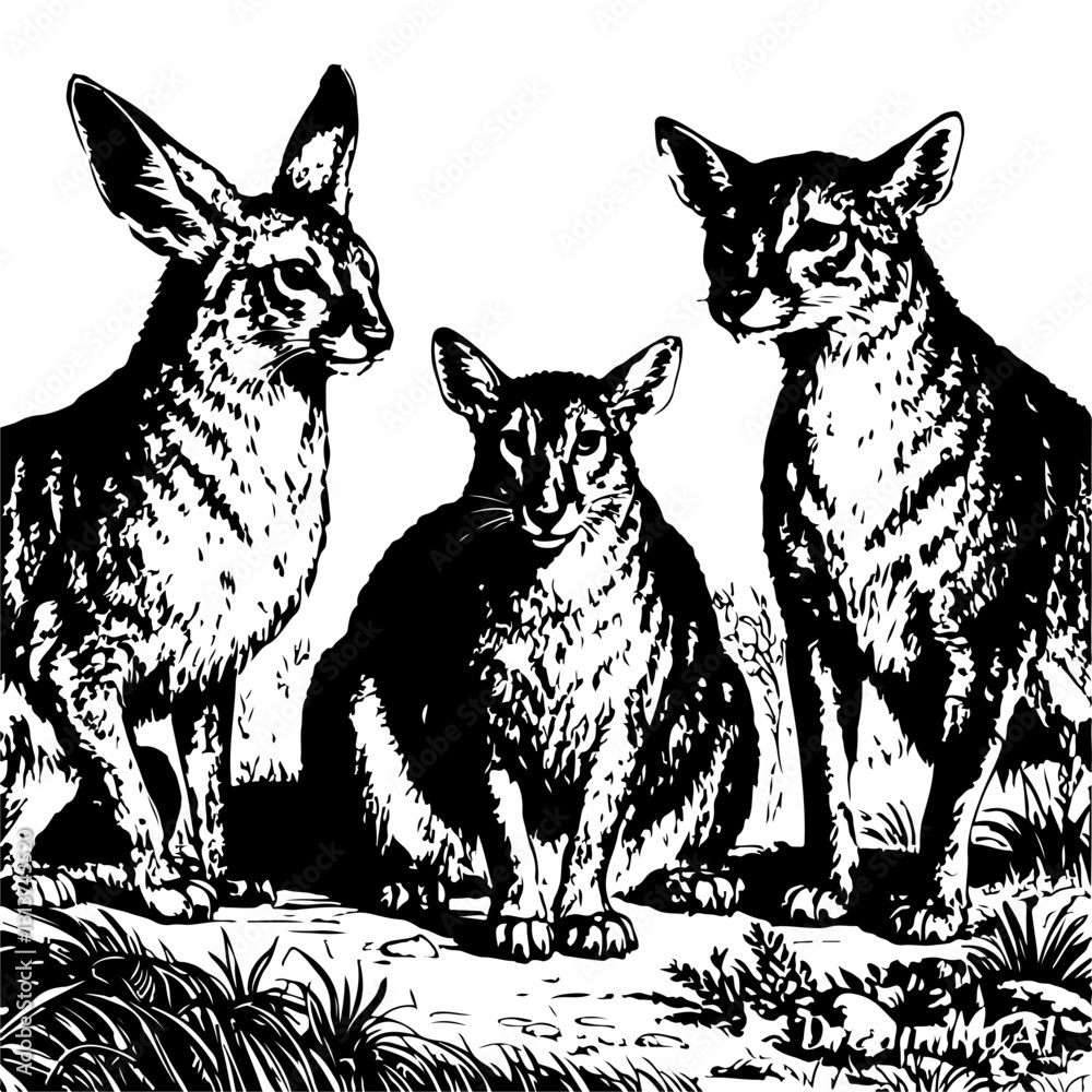 Poster Vector graphic of three animals that resemble wild cats in a ...