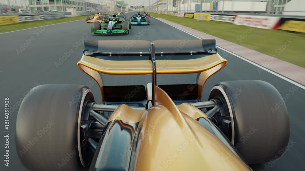 Generic formula one race cars starting the race from the starting grid ...