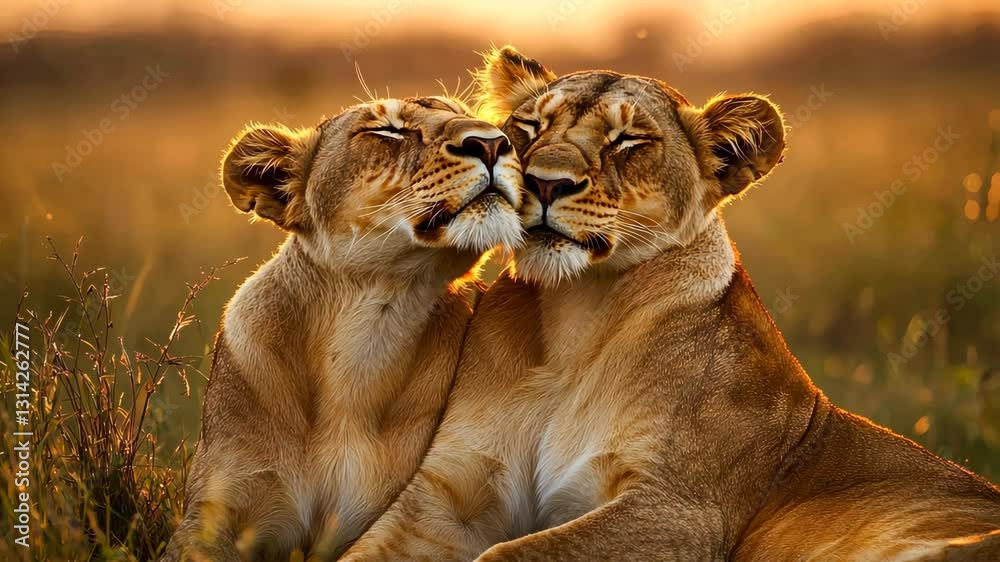 Lionesses' Affectionate Bond: Two lionesses embrace intimately in the ...