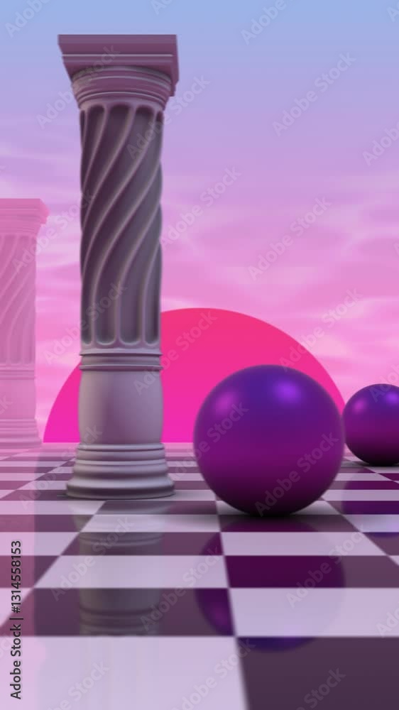 4K Retro background with checkerboard floor, columns and purple sky. 3D ...