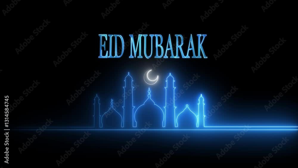 Eid Mubarak lettering with Mosque Line Art Animation on Transparent Background for Ramadan Eid ...